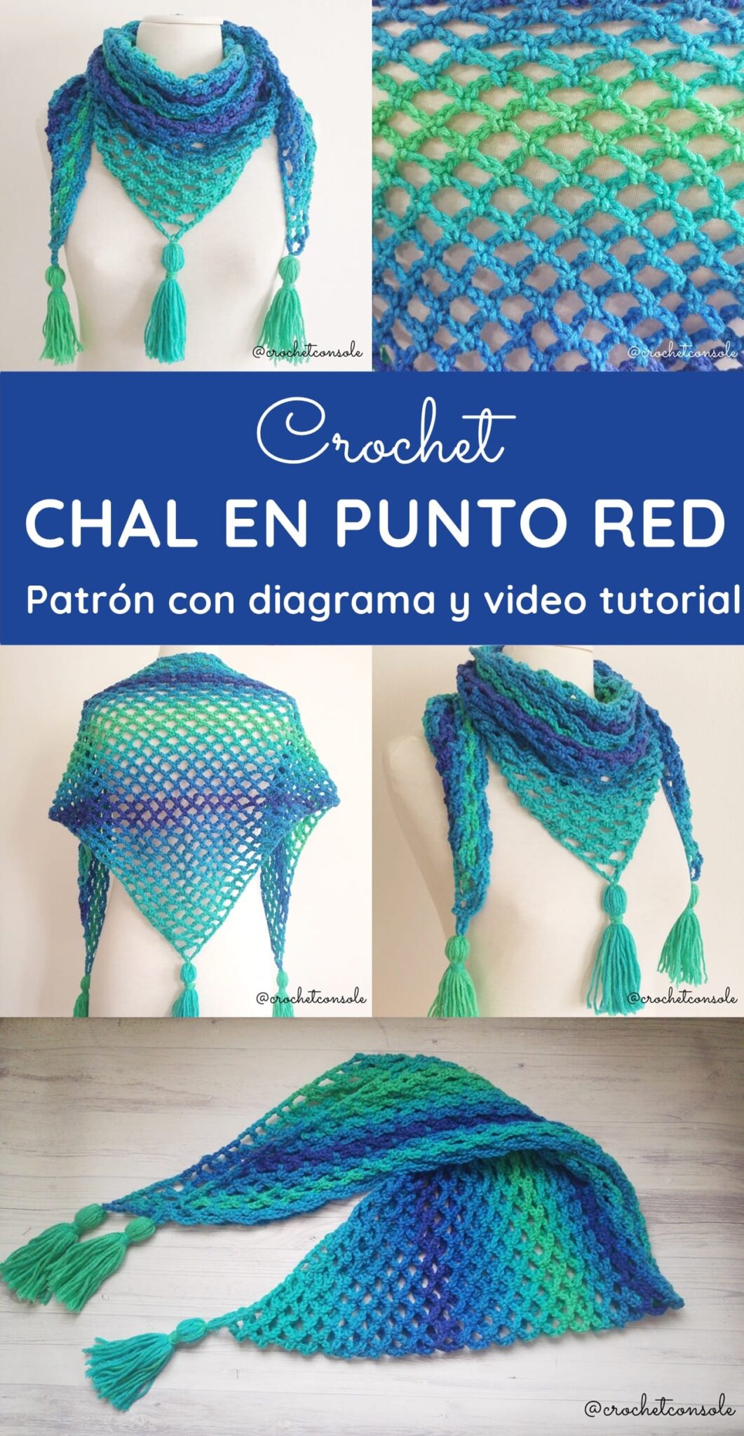 Chal a crochet en punto red (versión sin bordes). Ideal para principiantes.